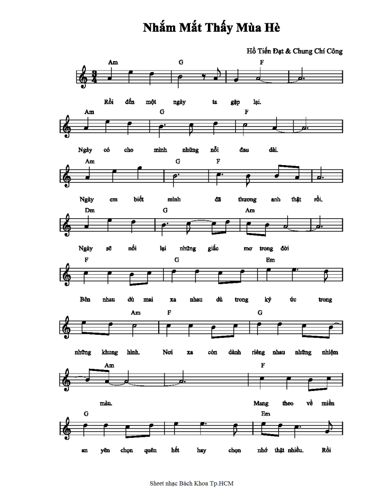 [Sheet] Nhắm mắt thấy mùa hè – Hồ Tiến Đạt & Chung Chí Công - Vàng Son